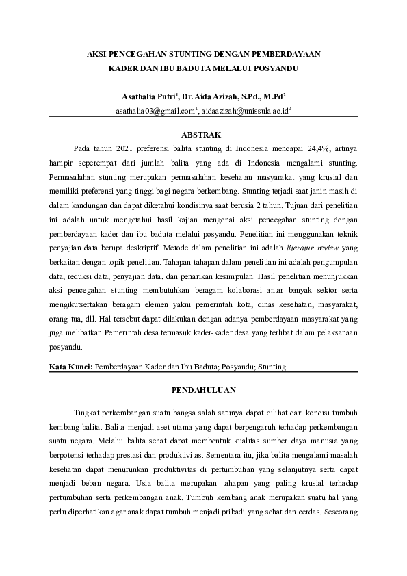 (DOC) AKSI PENCEGAHAN STUNTING DENGAN PEMBERDAYAAN KADER DAN IBU BADUTA ...