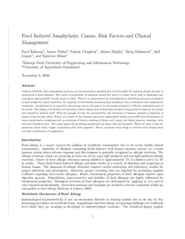 (PDF) Food Induced Anaphylaxis: Causes, Risk Factors and Clinical ...