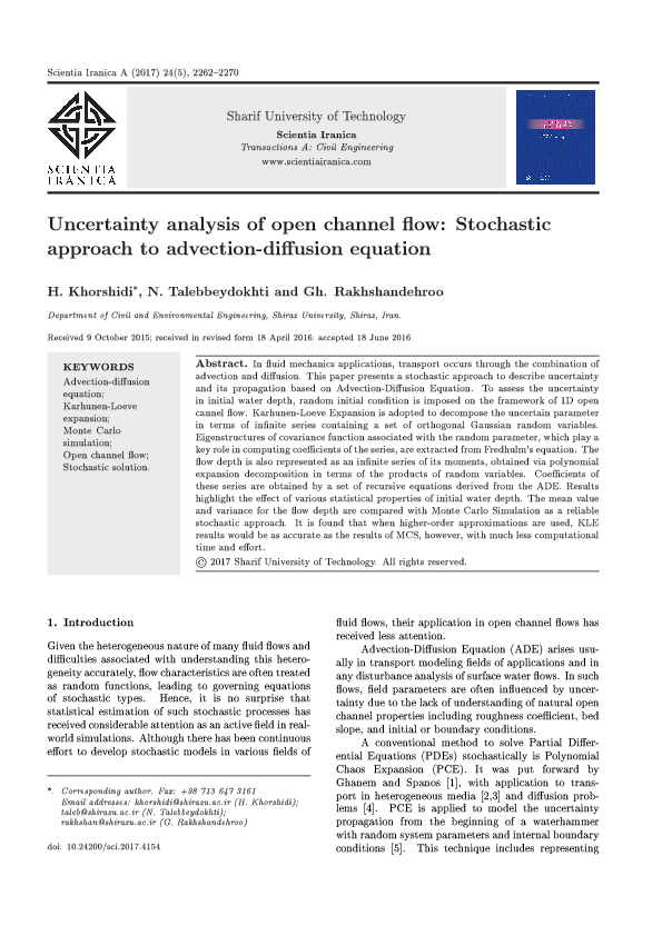 (PDF) Uncertainty analysis of open channel flow: stochastic approach to Advection–Diffusion equation