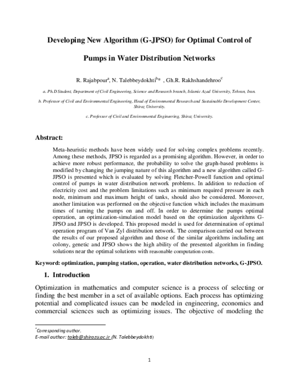 (PDF) Developing New Algorithm (G-JPSO) for Optimal Control of Pumps in Water Distribution ...
