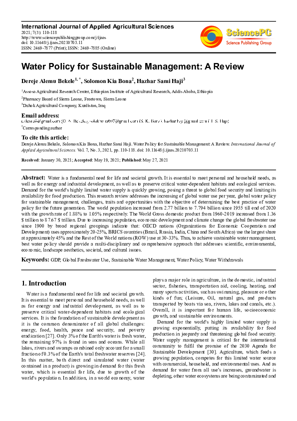 (PDF) Water Policy for Sustainable Management: A Review