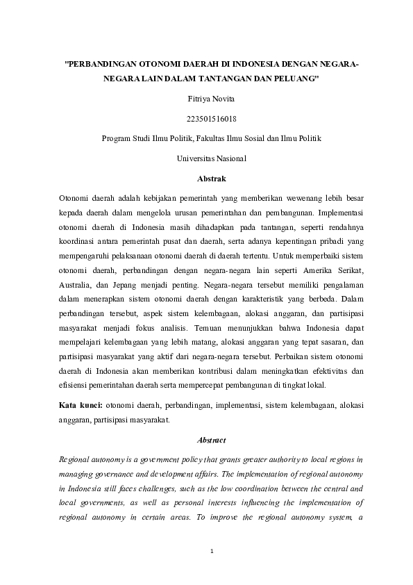 (DOC) "PERBANDINGAN OTONOMI DAERAH DI INDONESIA DENGAN NEGARA-NEGARA LAIN DALAM TANTANGAN DAN ...