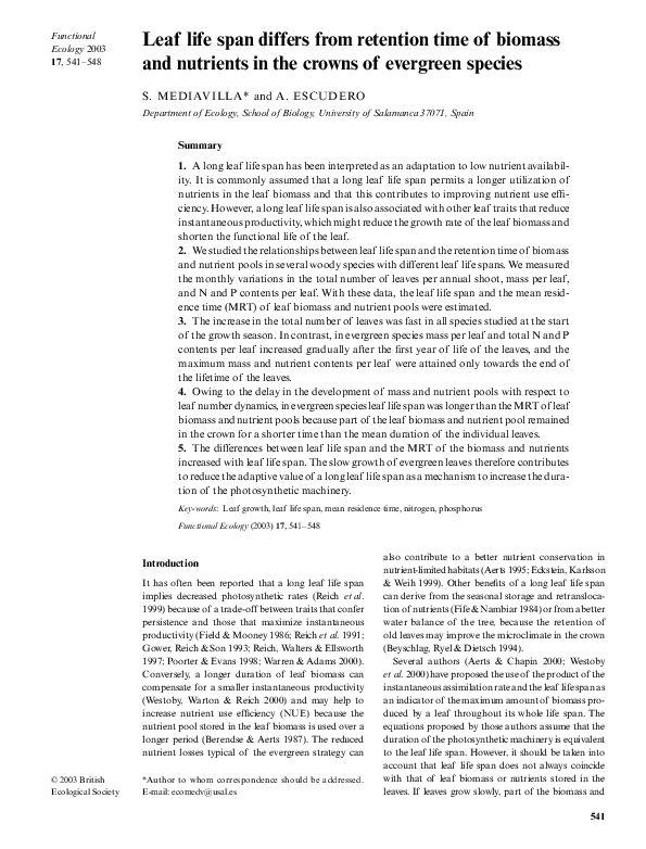 (PDF) Leaf life span differs from retention time of biomass and ...