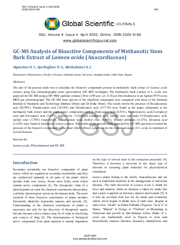 Pdf Gc Ms Analysis Of Bioactive Components Of Methanolic Stem Bark
