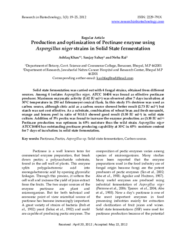 (PDF) Production and optimization of Pectinase enzyme using Aspergillus niger strains in Solid ...