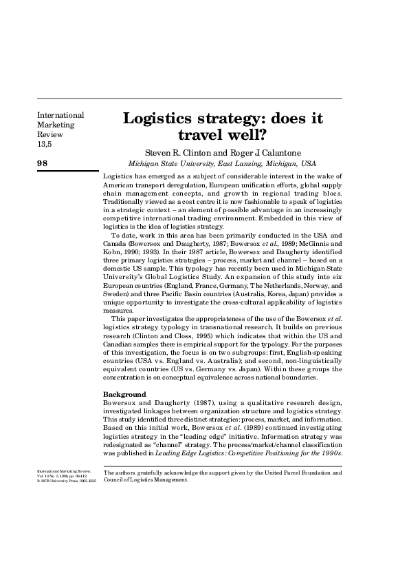 (PDF) Logistics strategy: does it travel well?
