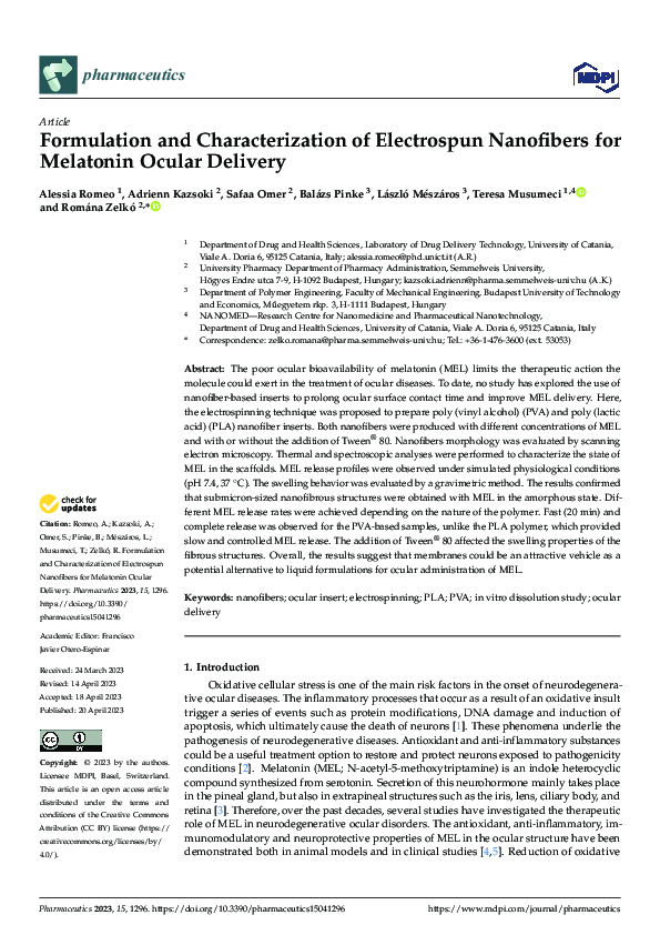 (PDF) Formulation and Characterization of Electrospun Nanofibers for Melatonin Ocular Delivery