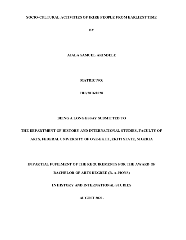 (DOC) SOCIO-CULTURAL ACTIVITIES OF IKIRE PEOPLE FROM EARLIEST TIME