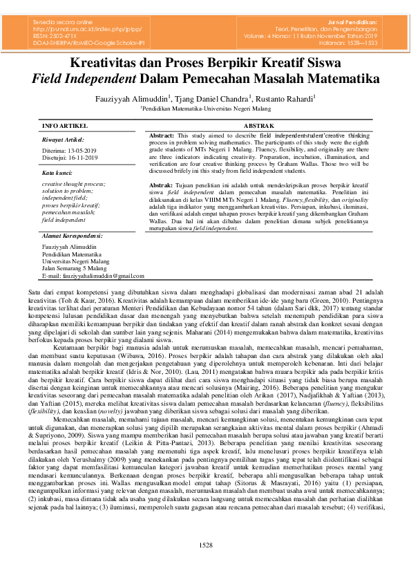 (PDF) Kreativitas dan Proses Berpikir Kreatif Siswa Field Independent Dalam Pemecahan Masalah ...