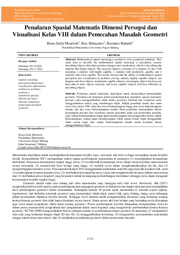 (PDF) Penalaran Spasial Matematis Dimensi Persepsi dan Visualisasi ...