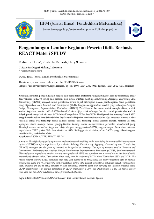 (PDF) Pengembangan Lembar Kegiatan Peserta Didik Berbasis REACT Materi ...