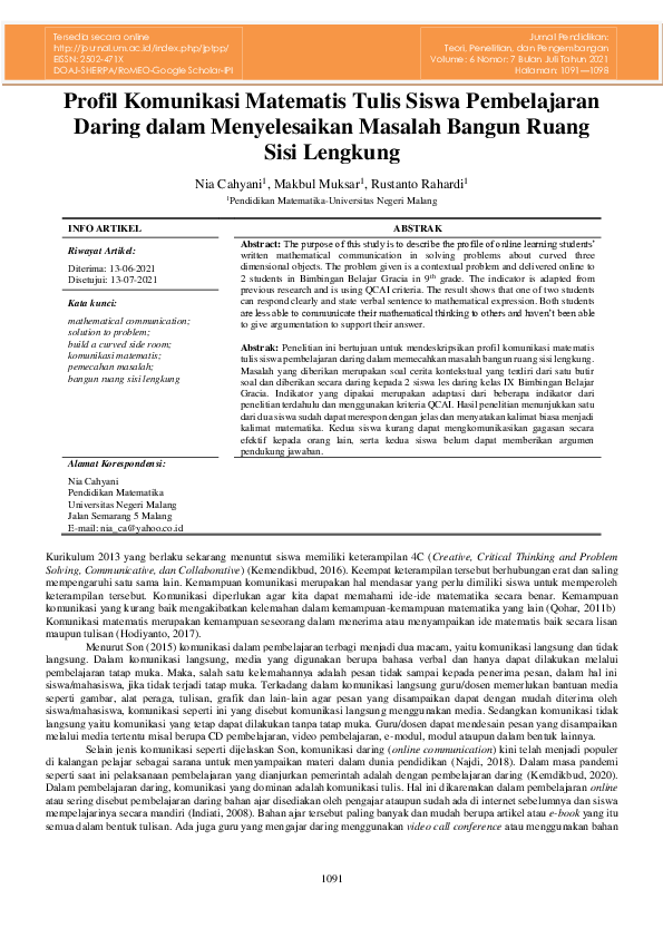 (PDF) Profil Komunikasi Matematis Tulis Siswa Pembelajaran Daring dalam ...