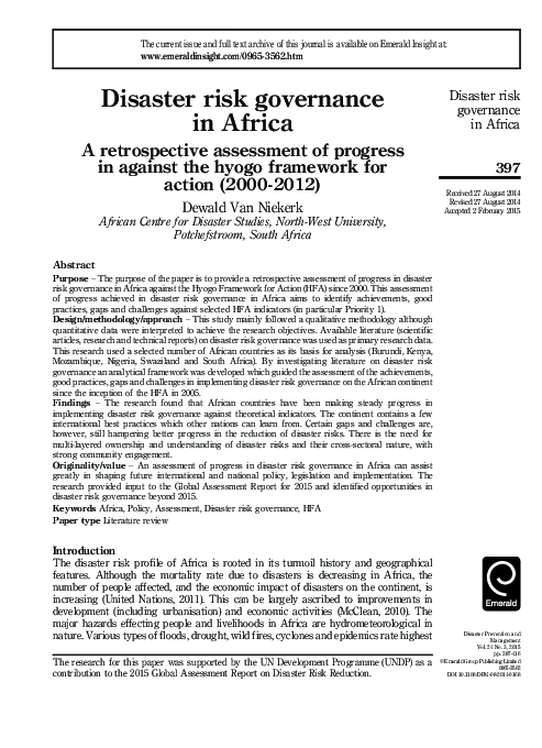 (PDF) Disaster risk governance in Africa