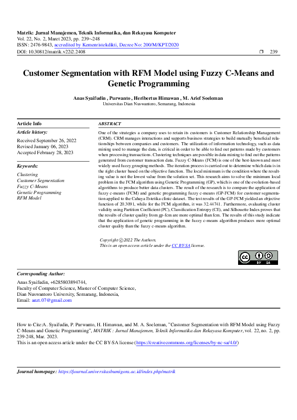 (PDF) Customer Segmentation with RFM Model using Fuzzy C-Means and ...