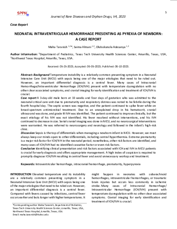 (PDF) Neonatal Intraventricular Hemorrhage Presenting as Pyrexia of ...