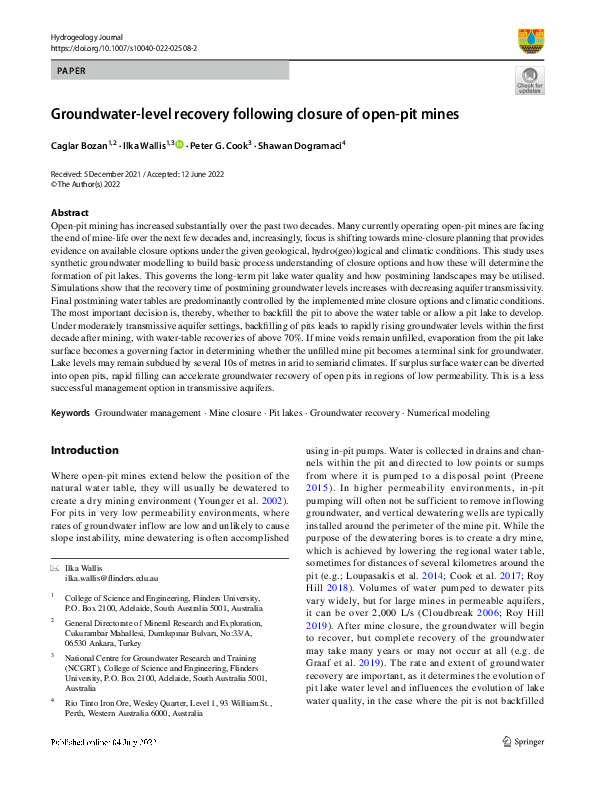 (PDF) Groundwater-level recovery following closure of open-pit mines