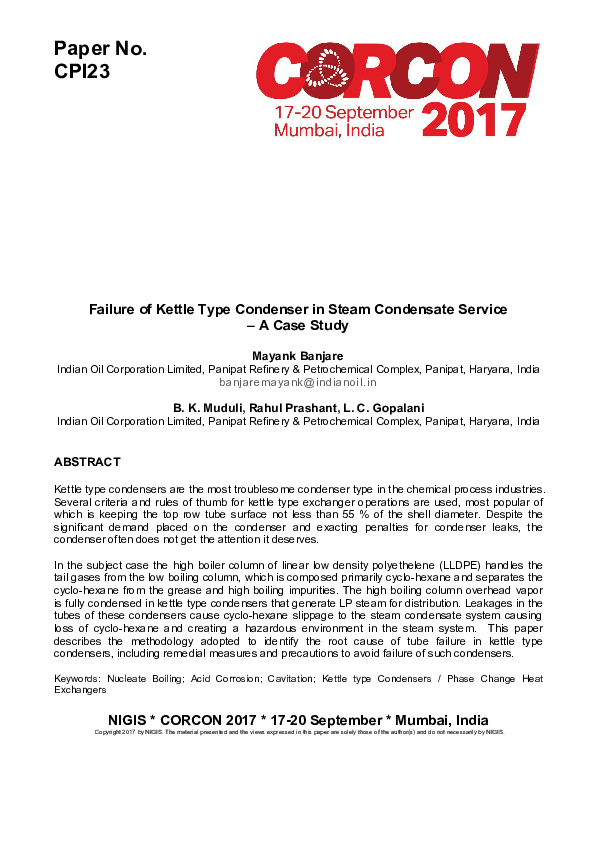 (PDF) Failure of Kettle Type Condenser in Steam Condensate Service – A Case Study