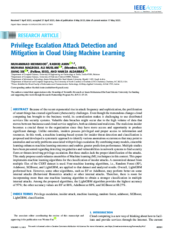 Pdf Privilege Escalation Attack Detection And Mitigation In Cloud Using Machine Learning
