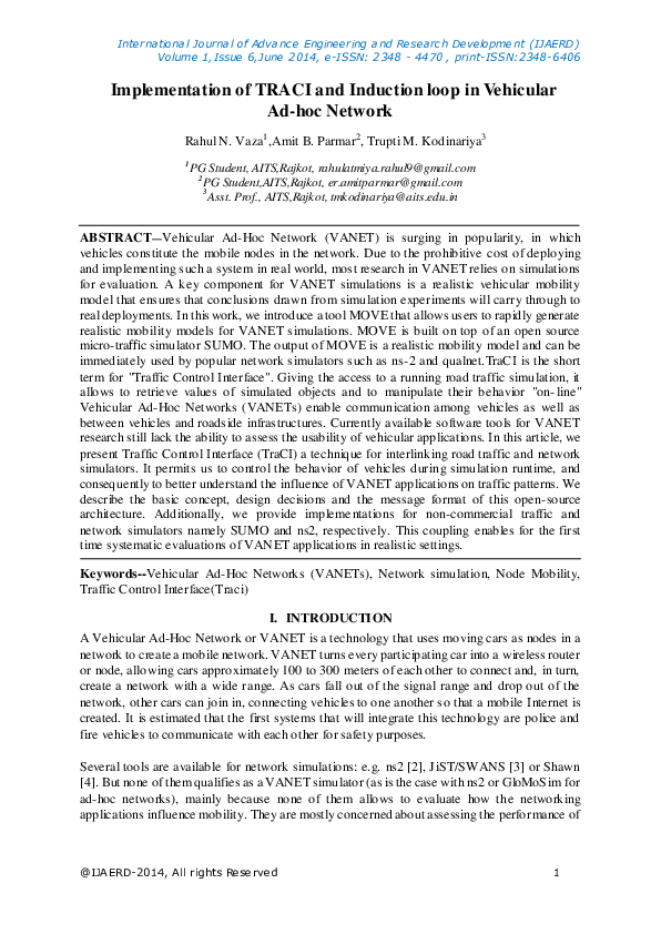 (PDF) Implementation of TRACI and Induction loop in Vehicular Ad-hoc Network