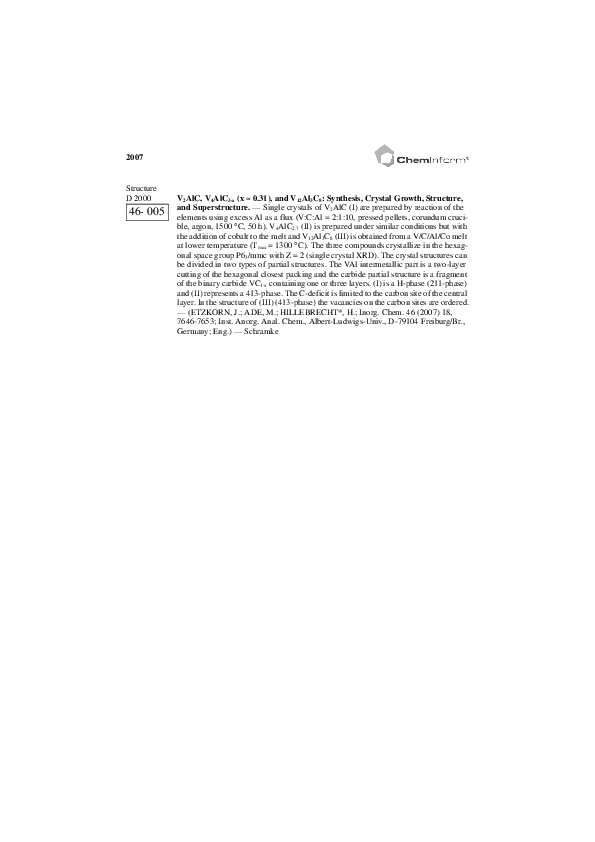 (PDF) V2AlC, V4AlC3-x (x ≈ 0.31), and V12Al3C8: Synthesis, Crystal ...
