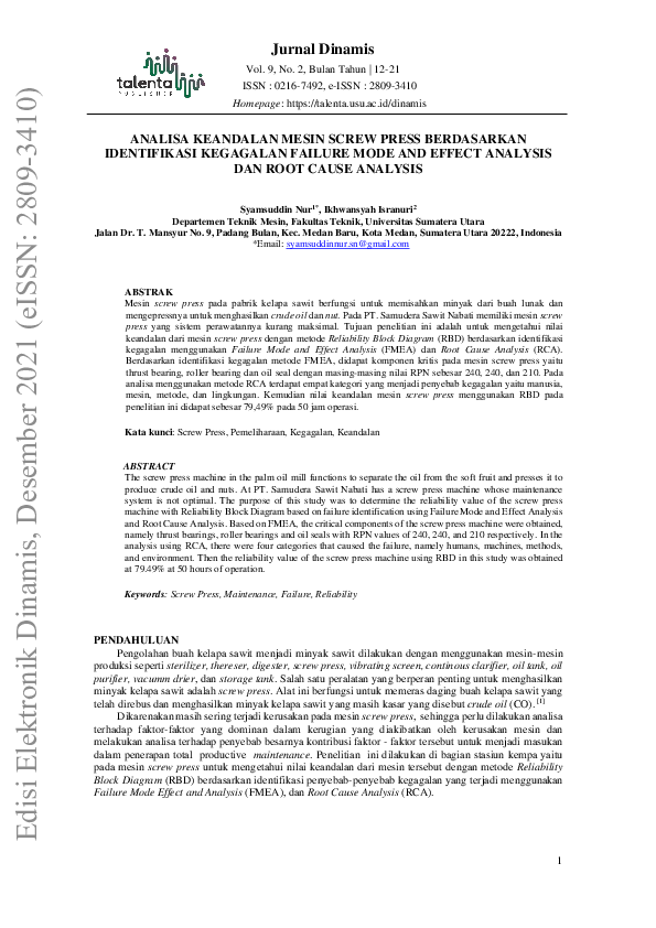 (PDF) Analisa Keandalan Mesin Screw Press Berdasarkan Identifikasi ...