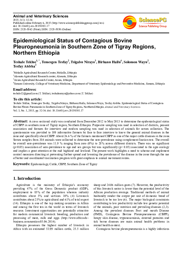 (PDF) Epidemiological Status of Contagious Bovine Pleuro Pneumonia in ...