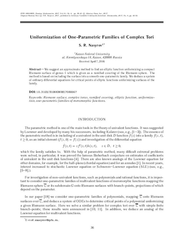 (PDF) Uniformization of one-parametric families of complex tori