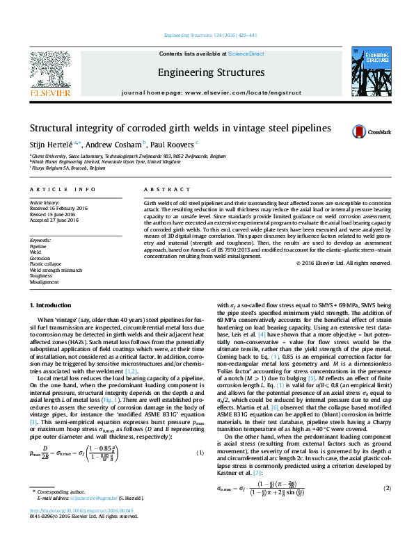 Pdf Structural Integrity Of Corroded Girth Welds In Vintage Steel Pipelines Wim De Waele