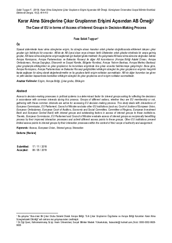 (PDF) Karar Alma Süreçlerine Çıkar Gruplarının Erişimi Açısından AB Örneği