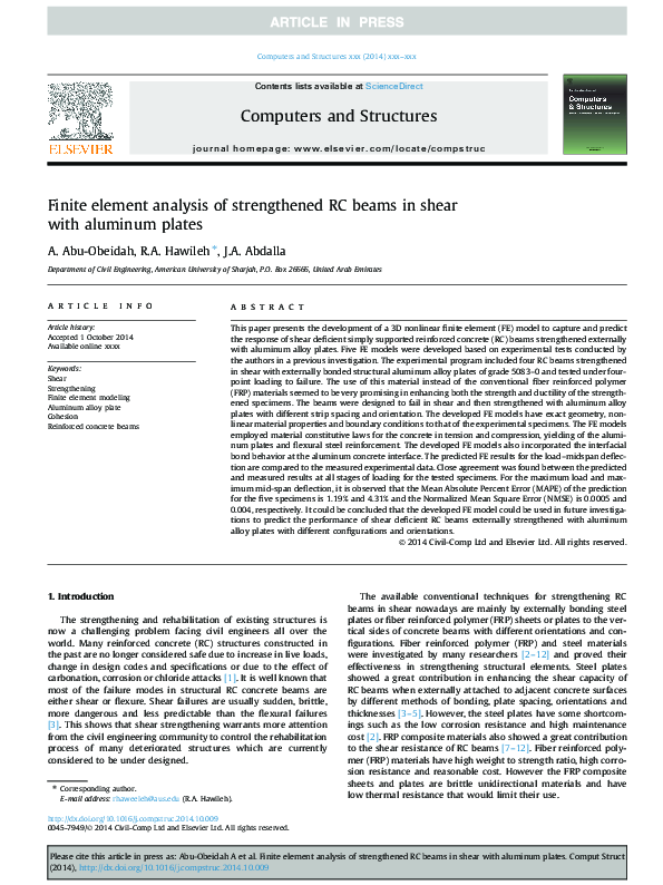 Pdf Finite Element Analysis Of Strengthened Rc Beams In Shear With Aluminum Plates