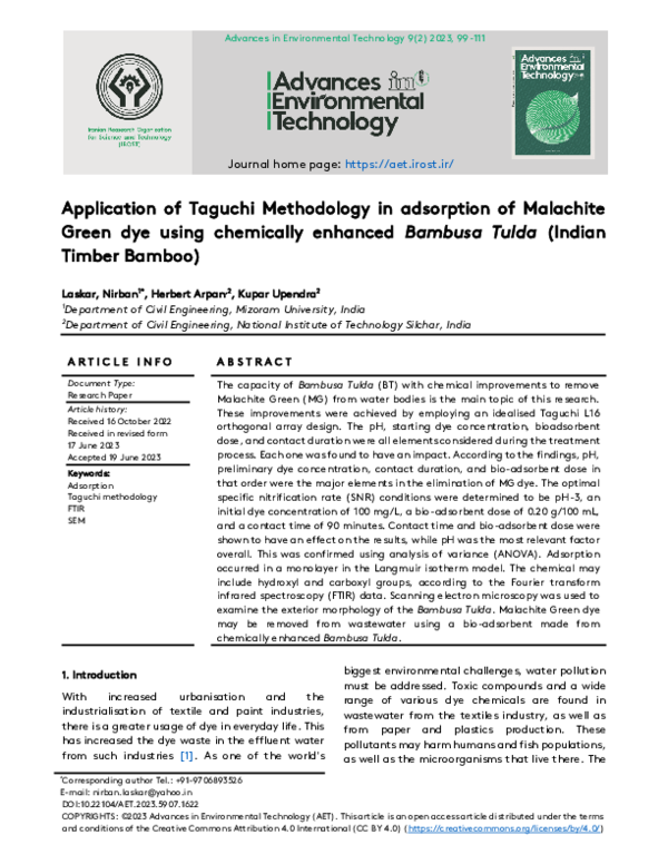 (PDF) Application of Taguchi Methodology in adsorption of Malachite Green dye using chemically ...