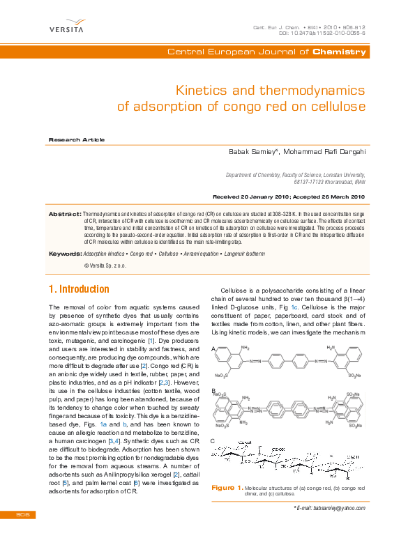 (PDF) Kinetics and thermodynamics of adsorption of congo red on cellulose