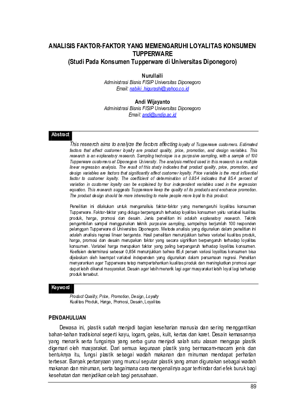 (PDF) Analisis Faktor-faktor Yang Memengaruhi Loyalitas Konsumen Tupperware (Studi Pada Konsumen ...