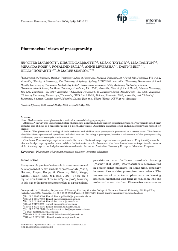(PDF) Pharmacists' views of preceptorship | Lisa Dalton - Academia.edu