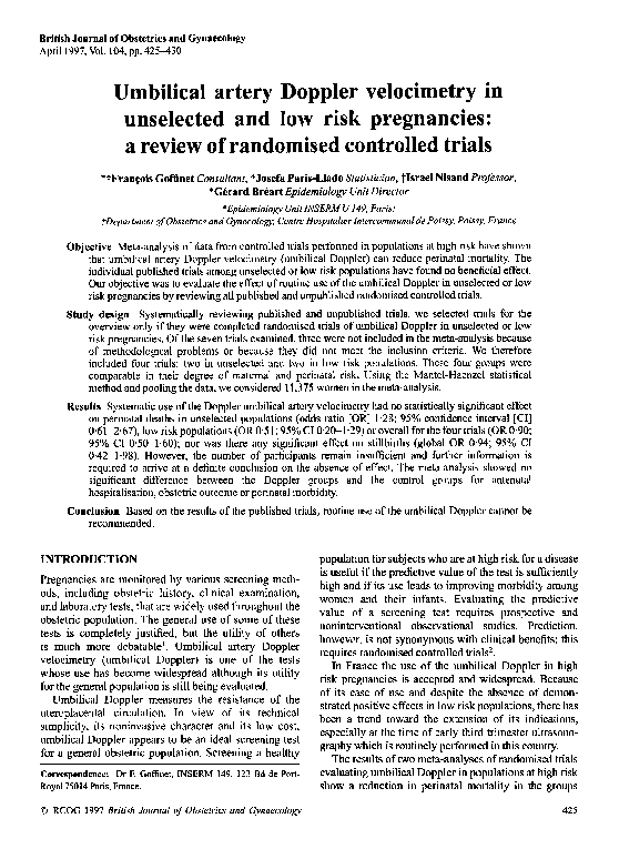 (PDF) Umbilical artery Doppler velocimetry in unselected and low risk ...