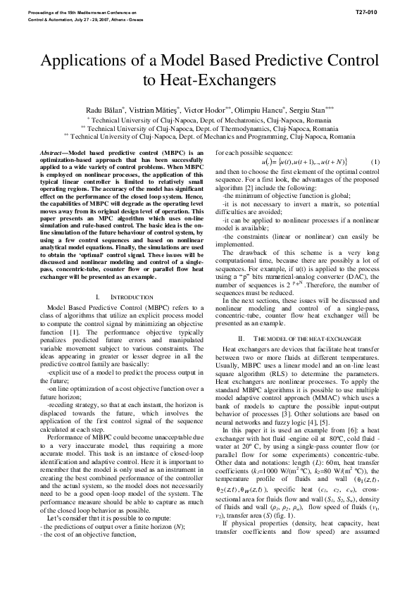 (PDF) Applications of a model based predictive control to heat-exchangers