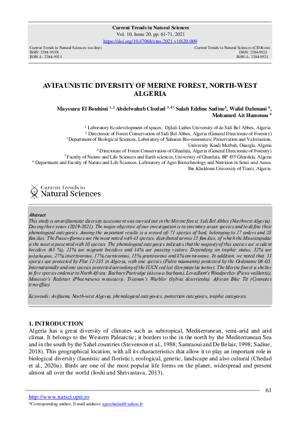 (PDF) Avifaunistic Diversity of Merine Forest, North-West Algeria