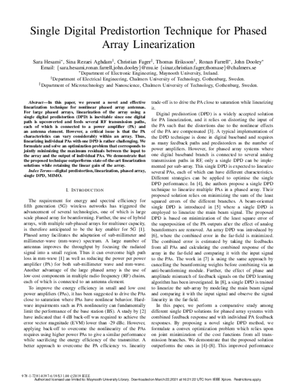 (PDF) Single Digital Predistortion Technique for Phased Array Linearization