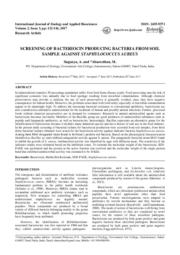 (PDF) SCREENING OF BACTERIOCIN PRODUCING BACTERIA FROM SOIL SAMPLE AGAINST STAPHYLOCOCCUS AUREUS