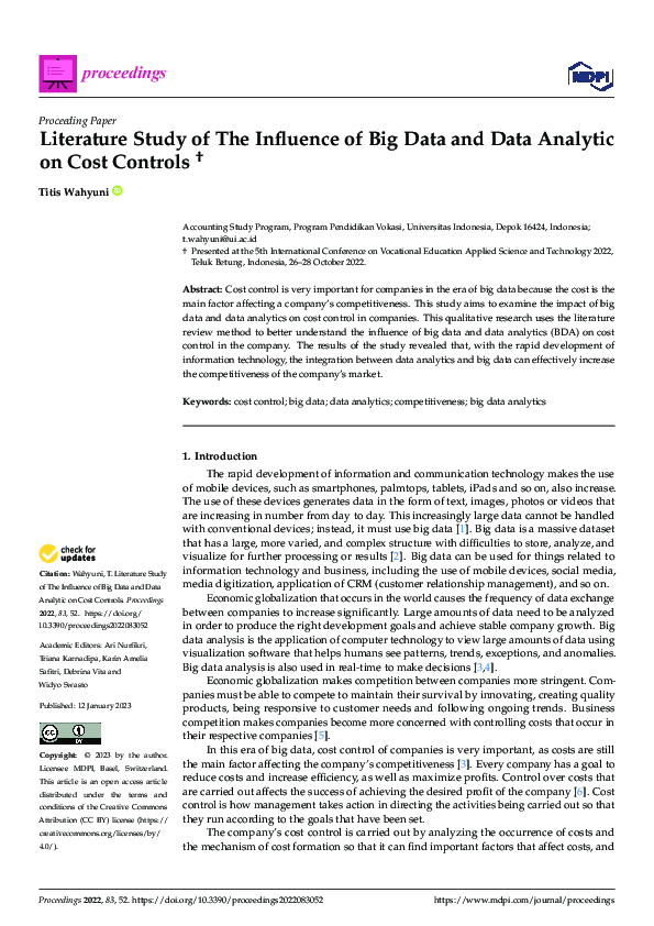 (PDF) Literature Study of The Influence of Big Data and Data Analytic on Cost Controls