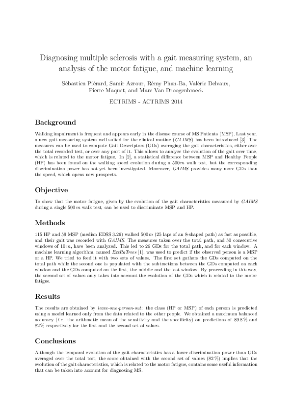 Pdf Diagnosing Multiple Sclerosis With A Gait Measuring System An Analysis Of The Motor