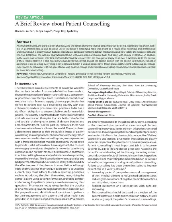 (PDF) A Brief Review About Patient Counselling