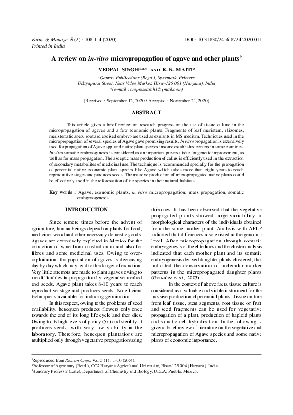 (PDF) A review on in-vitro micropropagation of agave and other plants