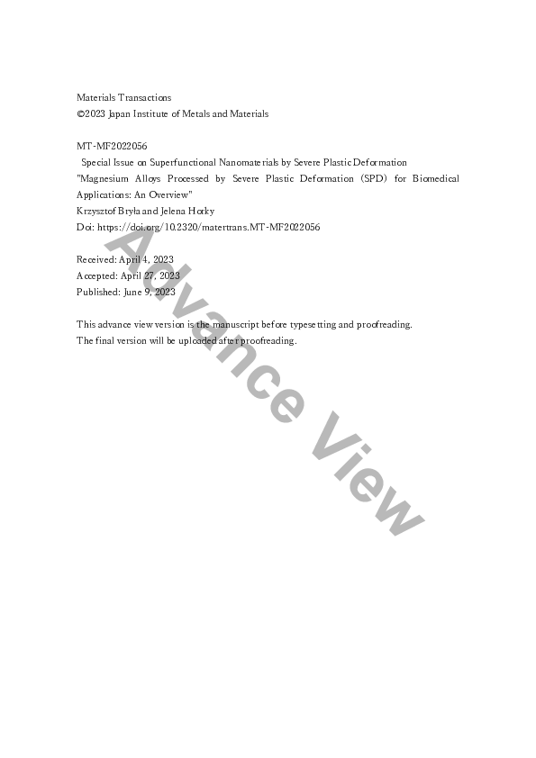 (PDF) Magnesium Alloys Processed by Severe Plastic Deformation (SPD ...