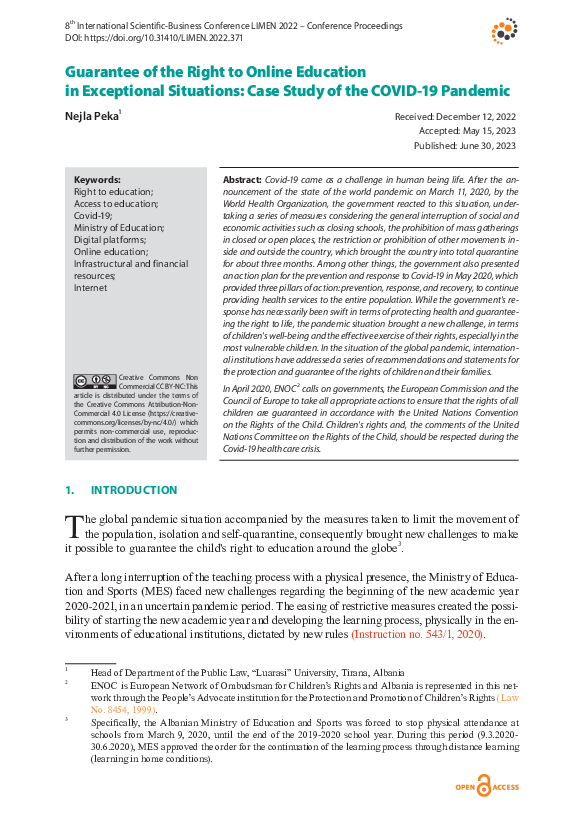 (PDF) Guarantee of the Right to Online Education in Exceptional Situations: Case Study of the ...