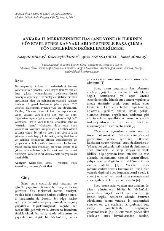 (PDF) Ankara İl Merkezi̇ndeki̇ Hastane Yöneti̇ci̇leri̇ni̇n Yönetsel Stres Kaynaklari Ve Stresle ...