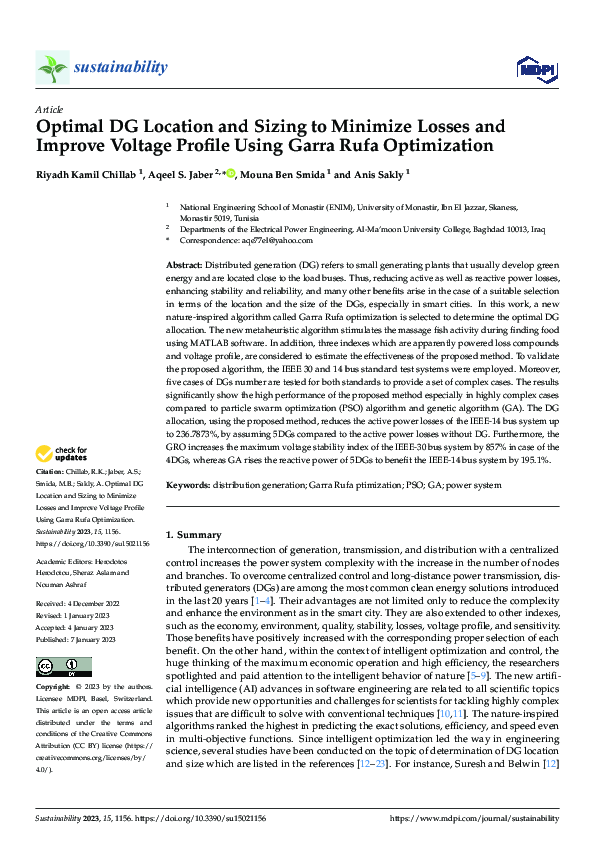 Pdf Optimal Dg Location And Sizing To Minimize Losses And Improve Voltage Profile Using Garra