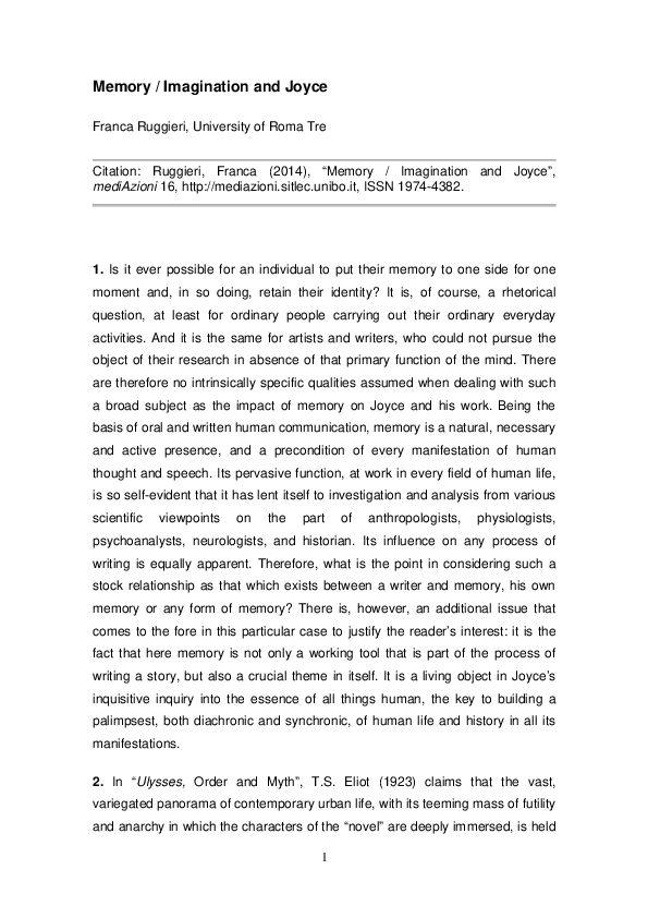 (PDF) Memory / Imagination and Joyce