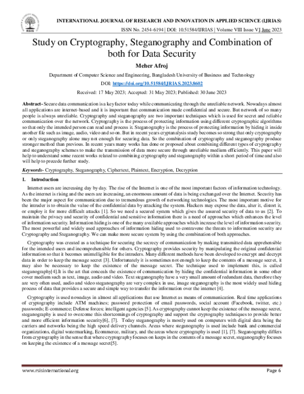 (PDF) Study on Cryptography, Steganography and Combination of both for Data Security