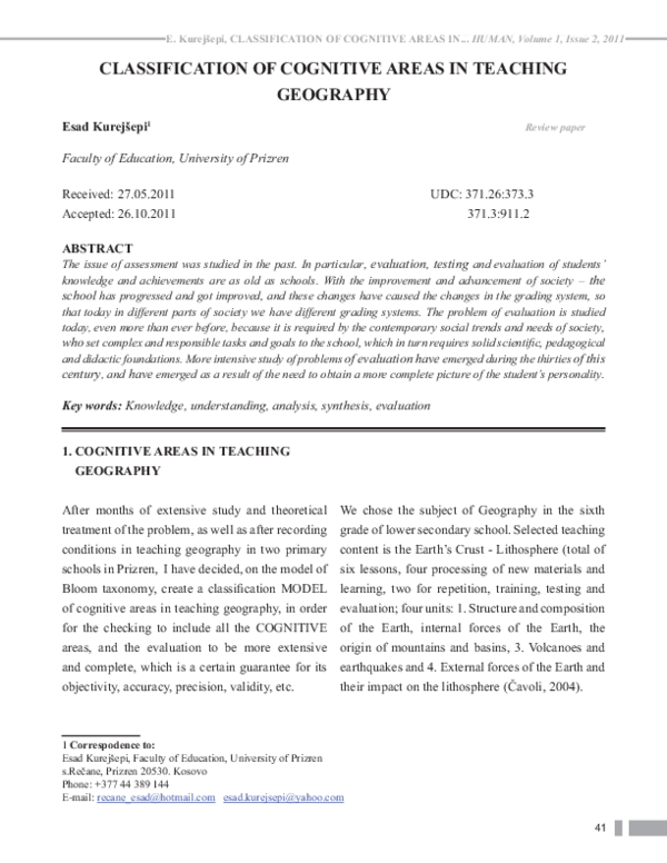 (PDF) Classification of Cognitive Areas in Teaching Geography